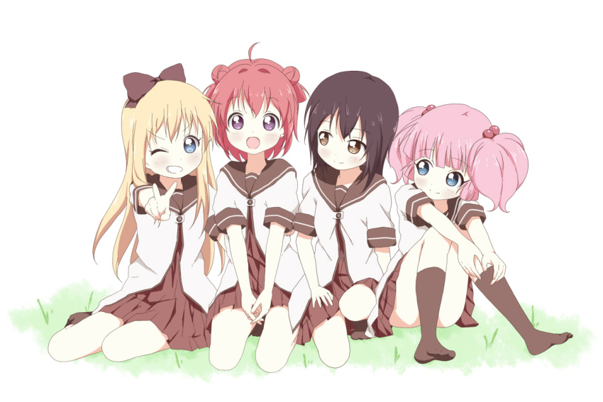 Safebooru - 4girls :d ahoge akaza akari black hair black legwear blonde hair blue eyes bow brown ...