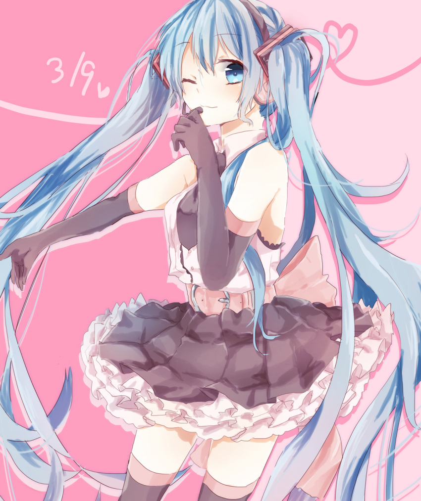 Safebooru - 1girl 39 aqua eyes aqua hair belt elbow gloves gloves hatsune miku headset highres ...